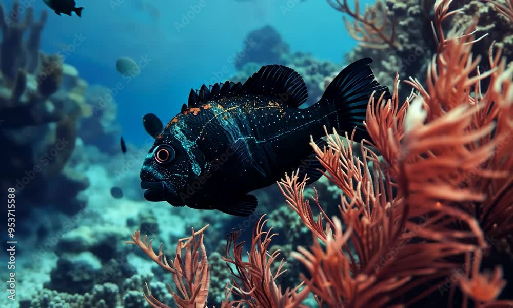 A black marine fish with striking blue accents swims through red coral ...