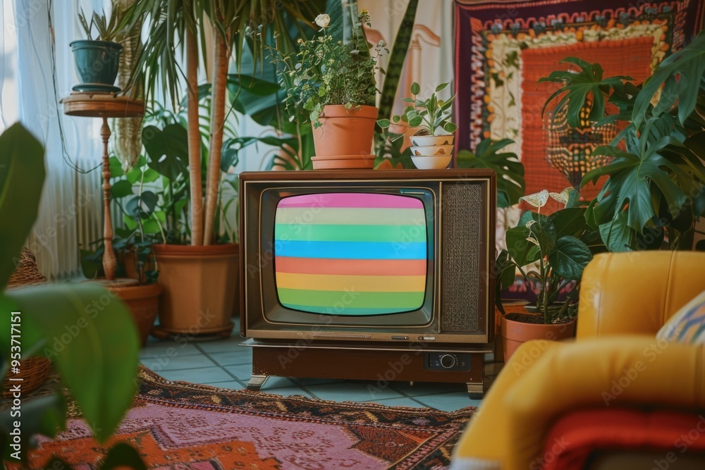 Retro TV with Color Bars in Vintage Living Room with Houseplants and ...