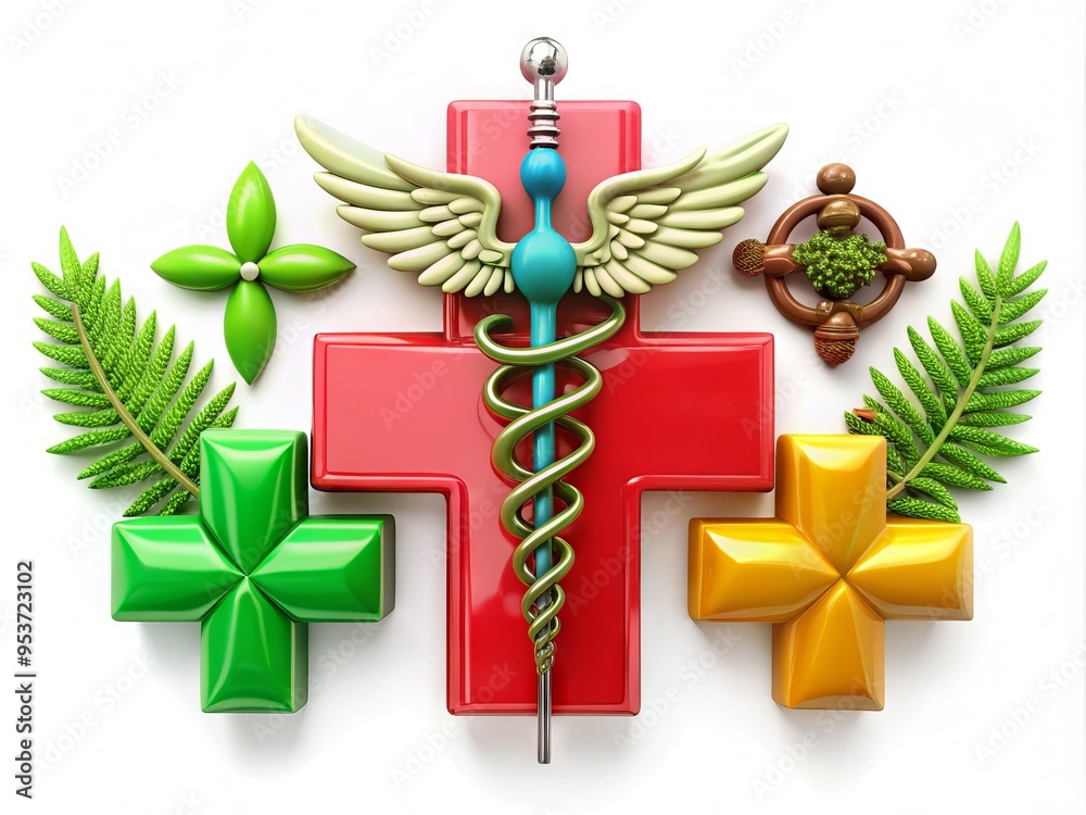 A colorful assortment of medicinal symbols, including a red cross ...