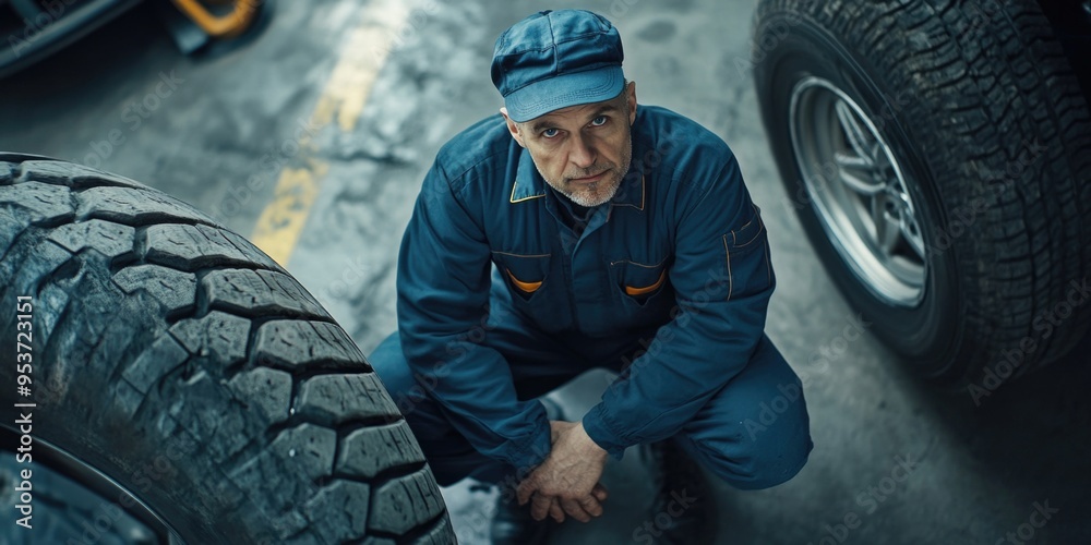 Working mechanic kneeling to check tread depth on car tire. Wearing ...