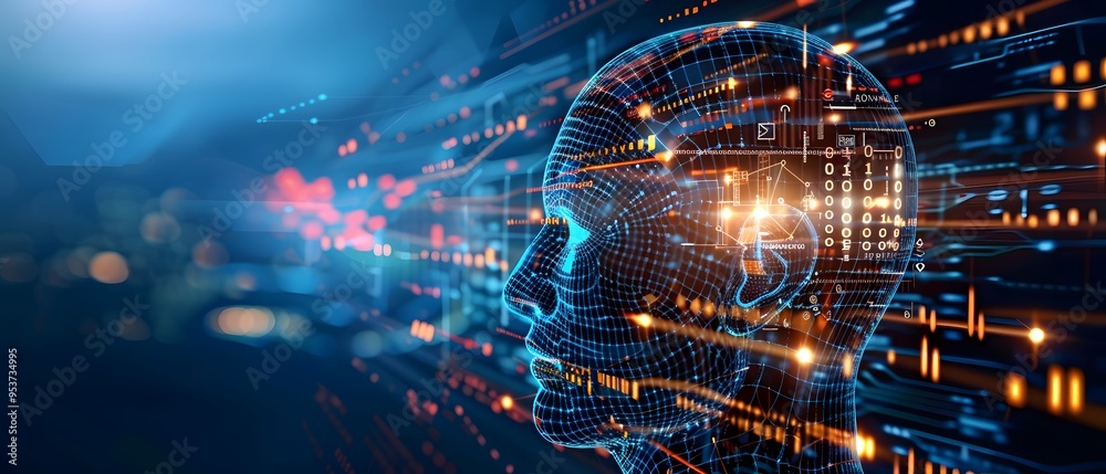 Business person's head filled with binary code, representing digital ...