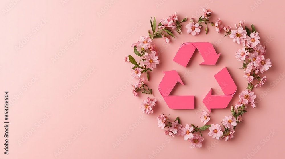 Pink recycling symbol surrounded by blooming flowers, symbolizing ...