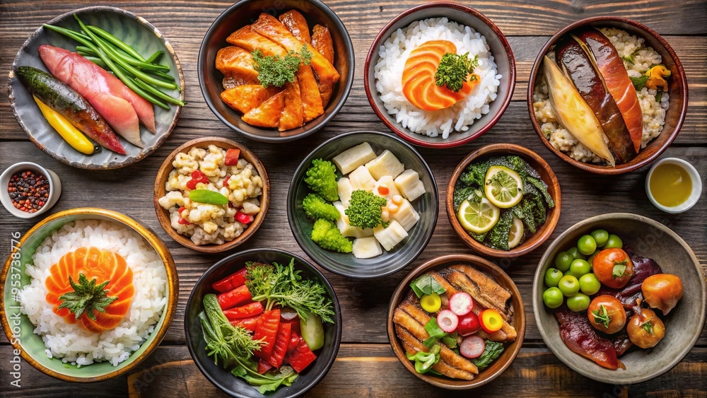 Top view of an assortment of Japanese donburi bowls, with different ...