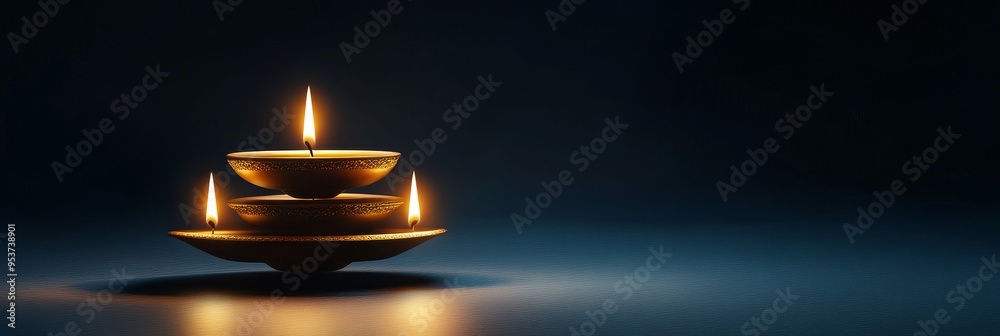 A 3D of a traditional Diwali diya stand with three tiers, each holding ...