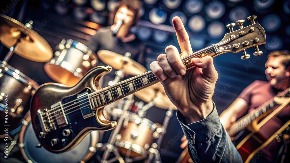 A confident musician's hand forms the iconic horn-like gesture ...