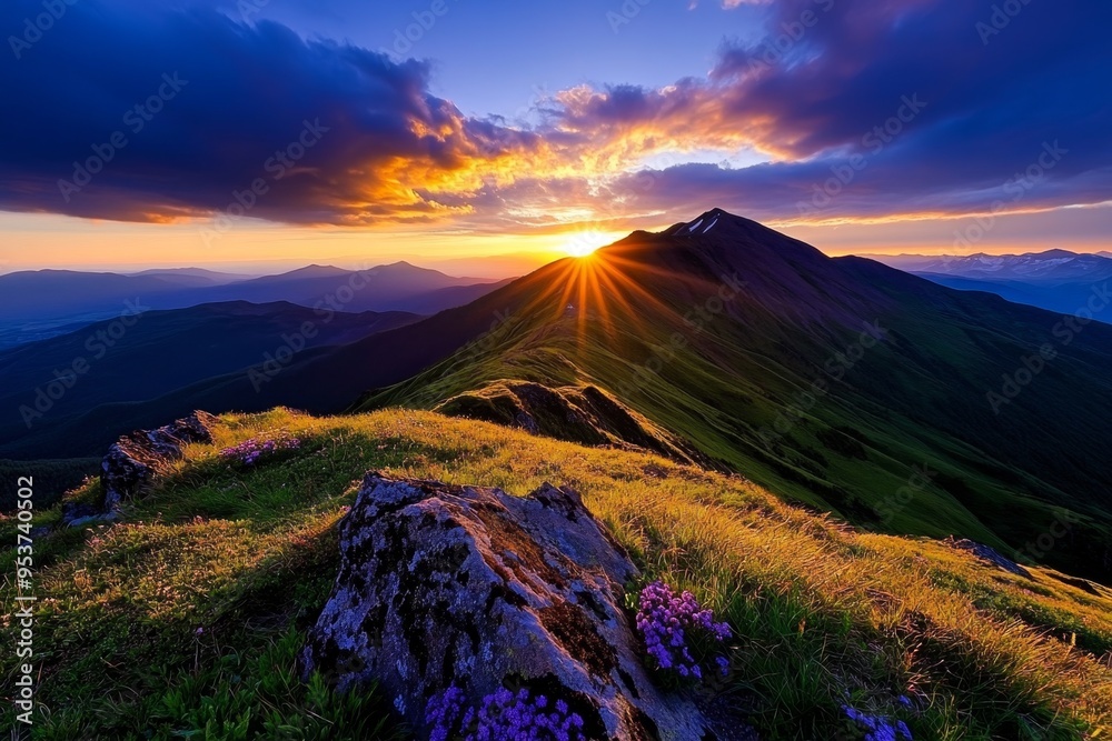 Amazing Sunset Mountains, Purple, and Twilight visualized in a serene ...