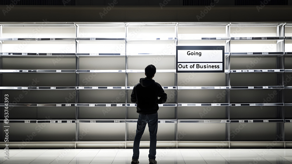 Distressed store owner in empty retail space with bare shelves and dim ...