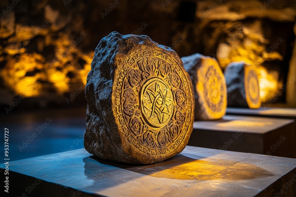 Covenant symbol carved into ancient stone tablets, captured in a photo ...