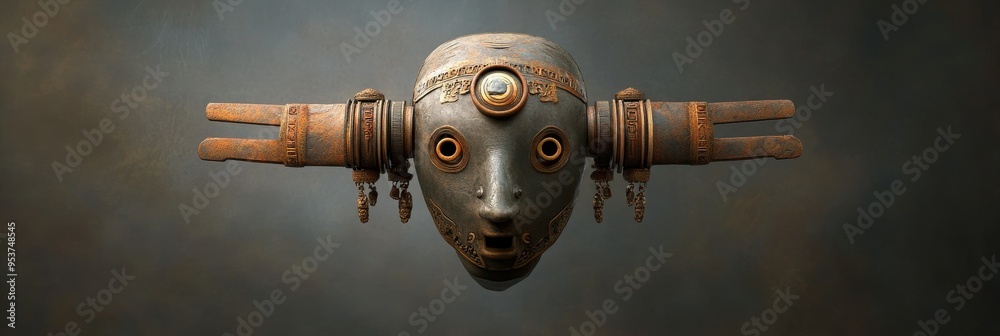 An intricately carved tribal mask sculpture, possibly used in ...