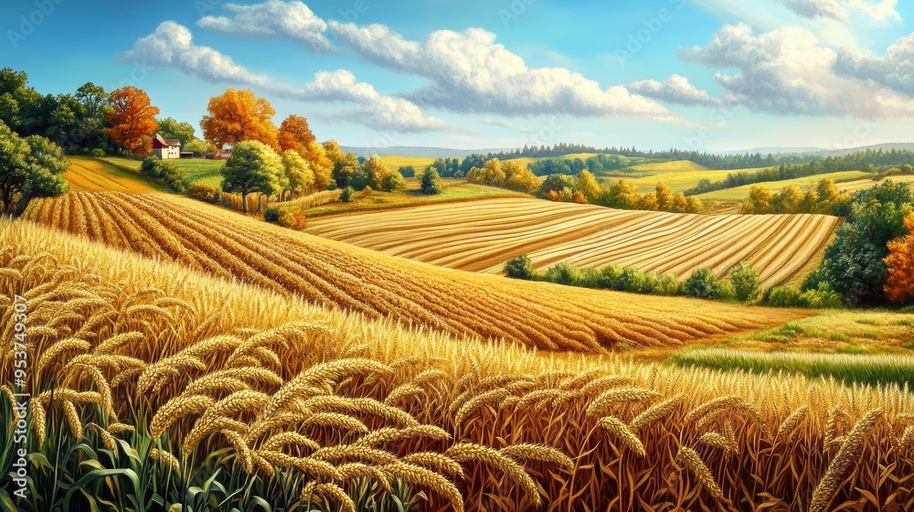 Agricultural harvest of various crops, captured in full swing, set ...