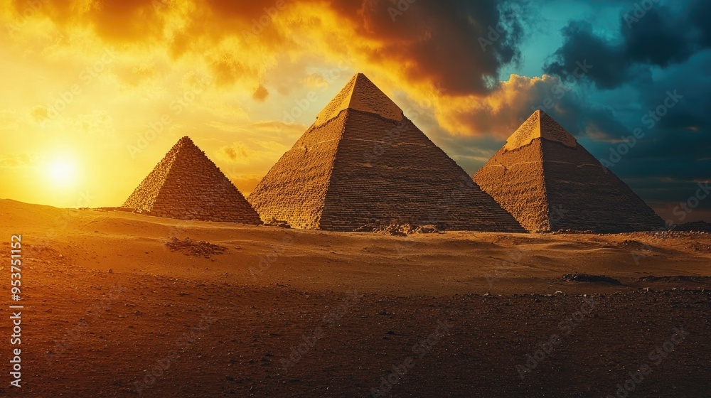 Beautiful stone pyramids against a realistic backdrop of rugged terrain ...