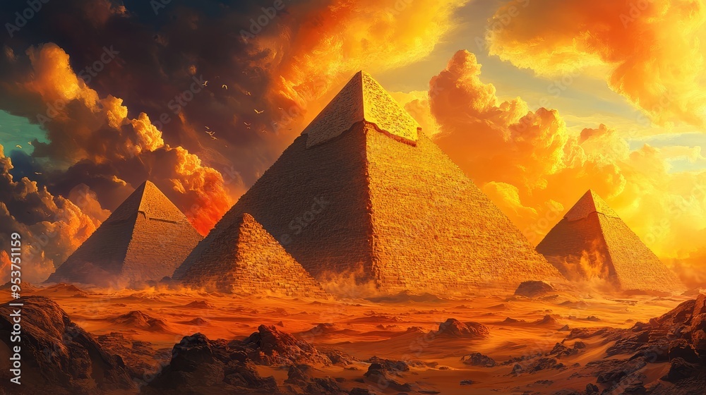 Beautiful stone pyramids against a realistic backdrop of rugged terrain ...