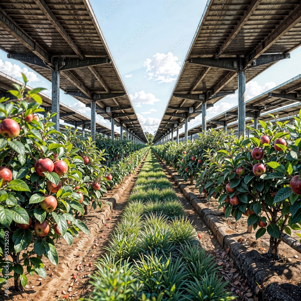 Sustainable Orchard Powered by Solar. A sprawling orchard with rows of ...