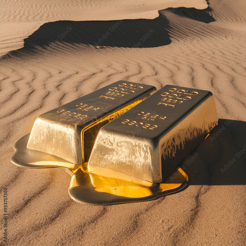 Melting Gold Bars in Heatwave Desert - Symbolic Image of Economic ...