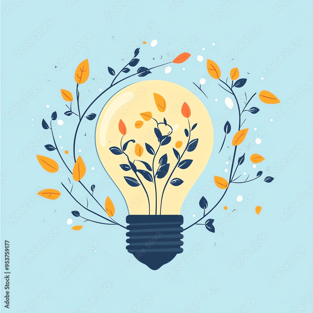 13. Light bulb with flowing branches, idea spreading and growing, flat ...