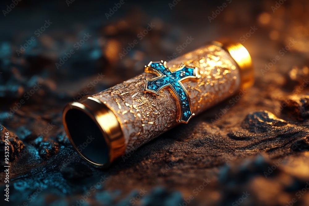 Covenant symbolized by a cross and a scroll in a sacred setting ...