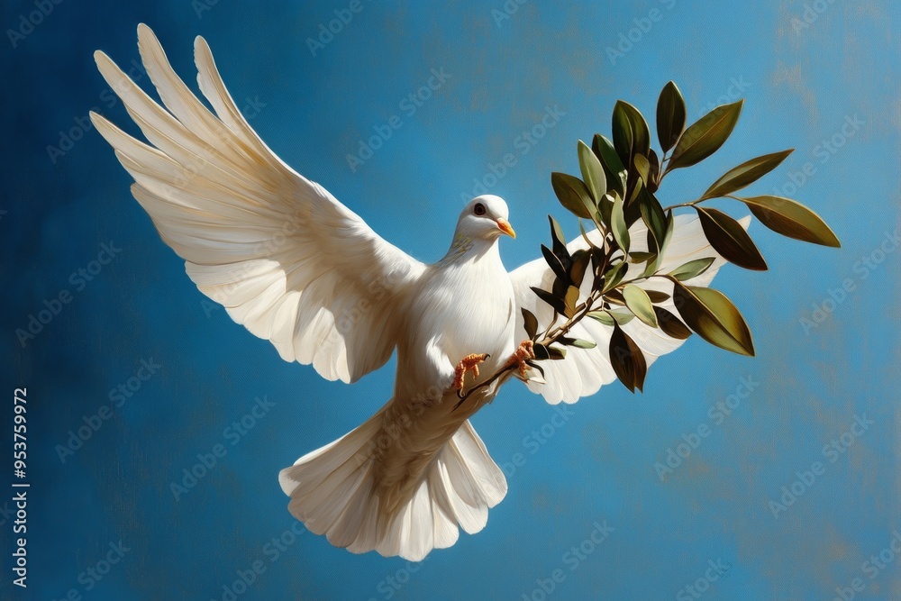Covenant symbolized by a dove carrying an olive branch, depicted in an ...