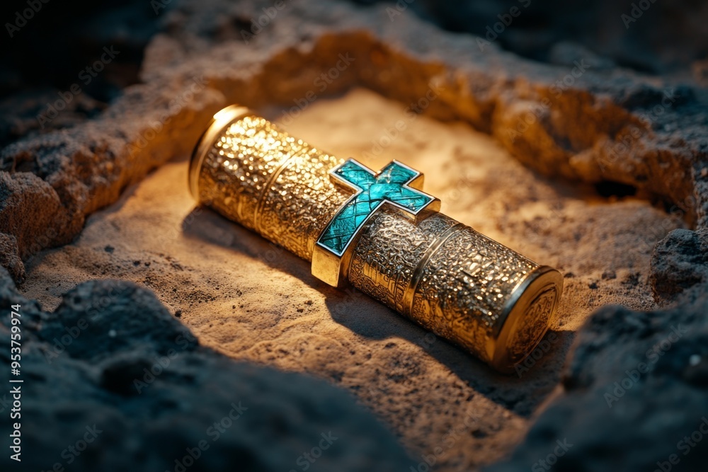 Covenant symbolized by a cross and a scroll in a sacred setting ...