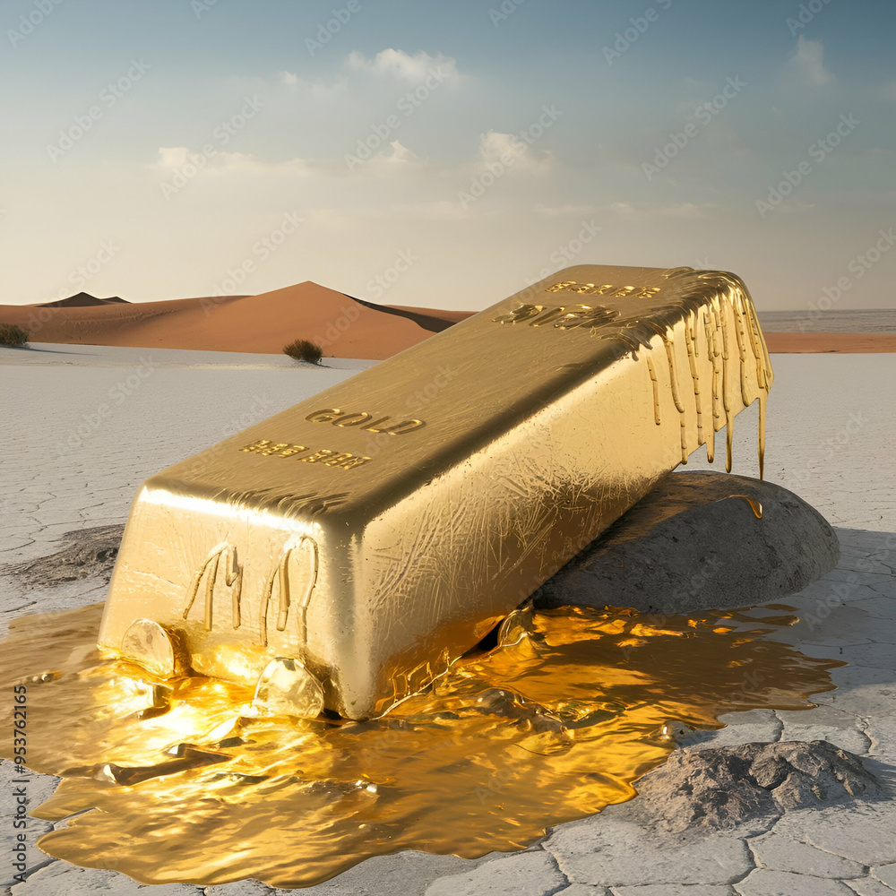 Melting Gold Bars on Desert Rock in Heatwave - Symbol of Economic ...