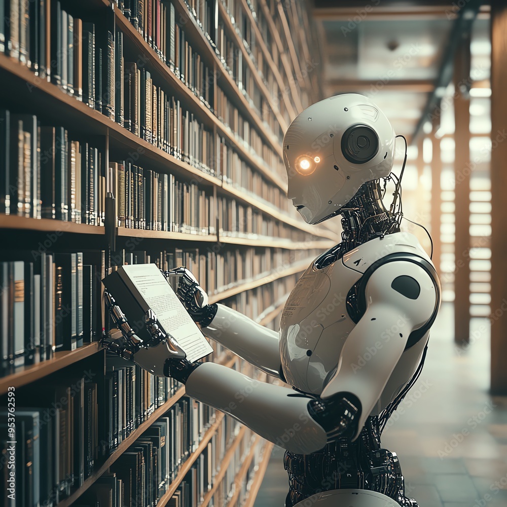 32. An AI-powered robot librarian organizing a vast digital library ...