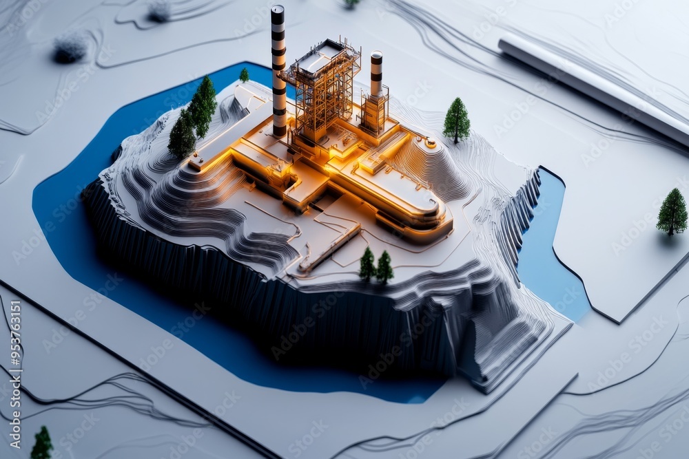 Geothermal energy plant blueprint is highlighted in a minimalist design ...