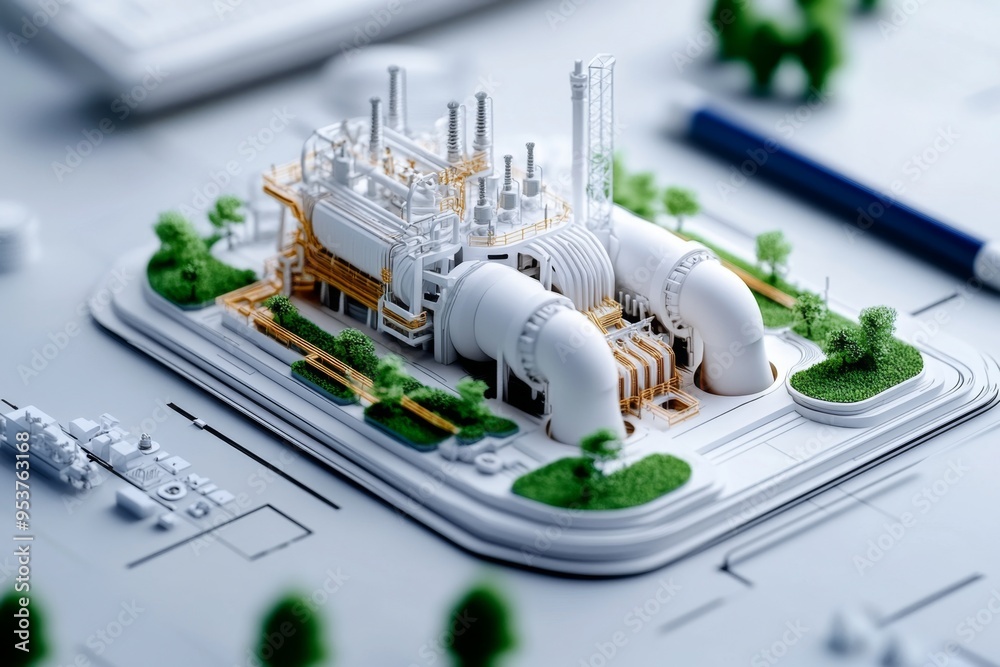 Geothermal energy plant blueprint is highlighted in a minimalist design ...
