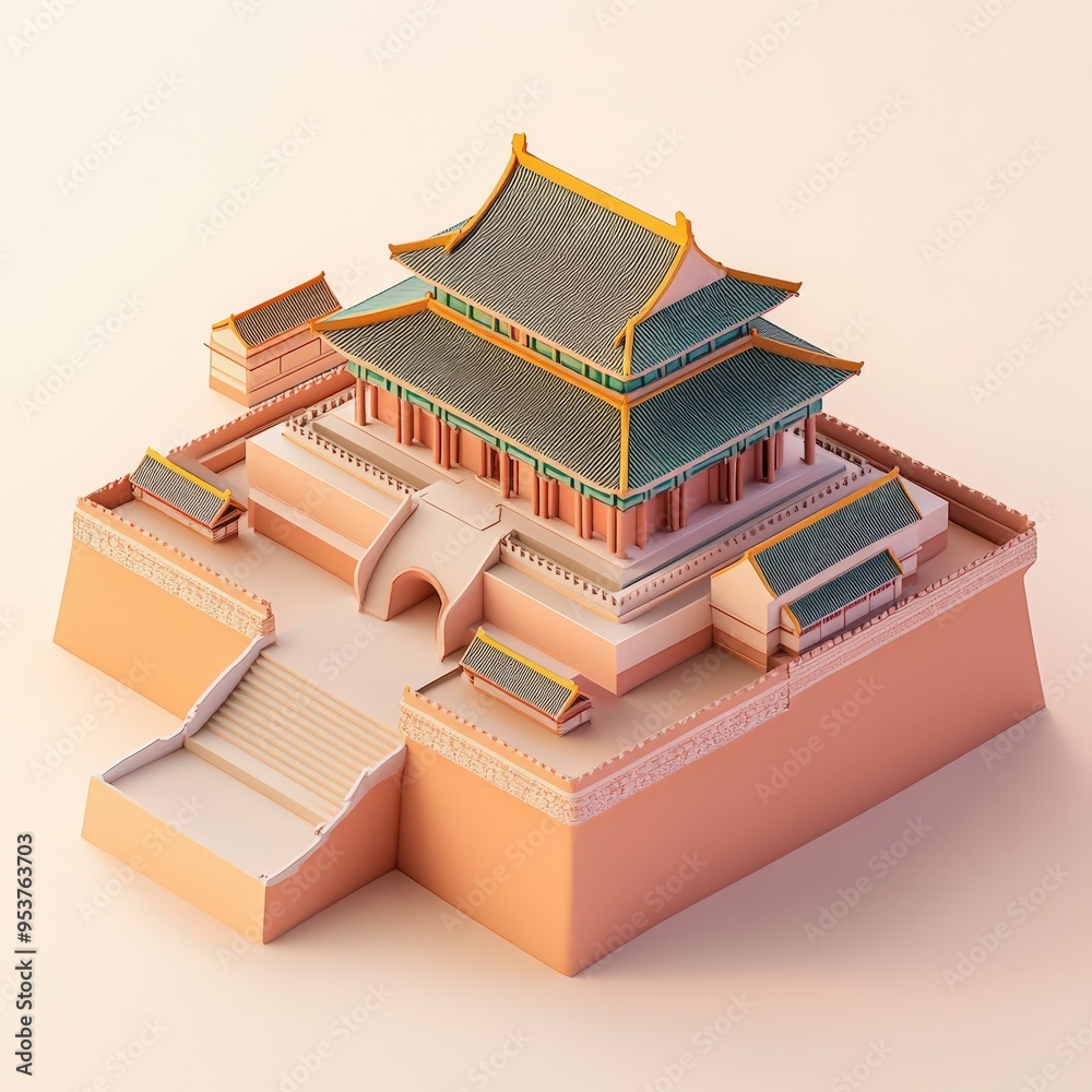 D Model of a Traditional Chinese Palace with Curved Roof and Walled ...