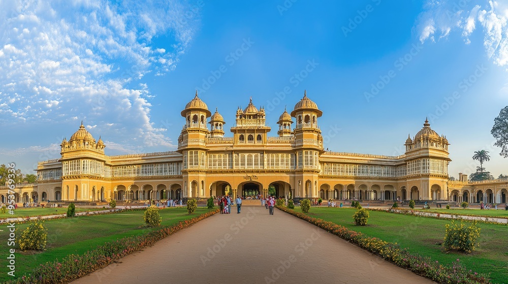 A panoramic view of the majestic Mysore Palace, with its grand arches ...