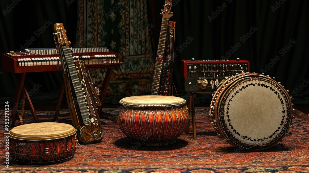 A set of traditional Indian musical instruments, including tabla and ...