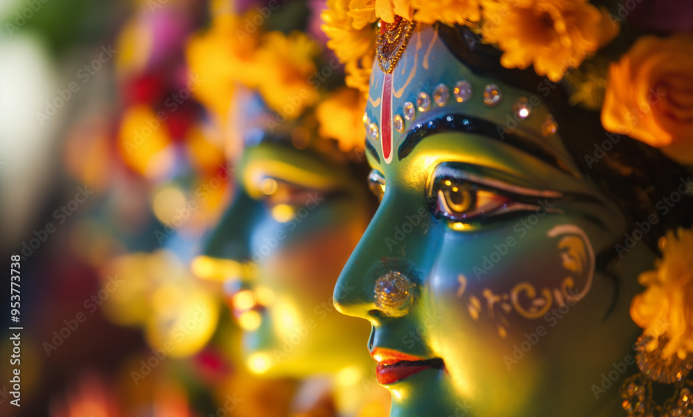 two Hindu deities with golden headdresses, each adorned in vibrant ...