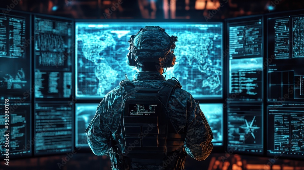 Soldier in a modern war room utilizing maps and screens, planning ...