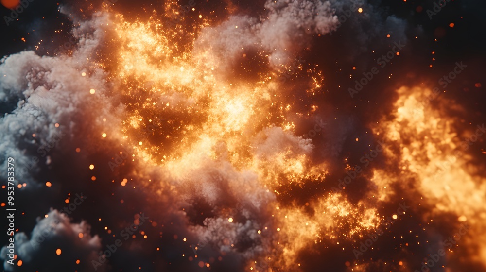 Cinematic shot of a raging fire, with smoke and sparks flying ...