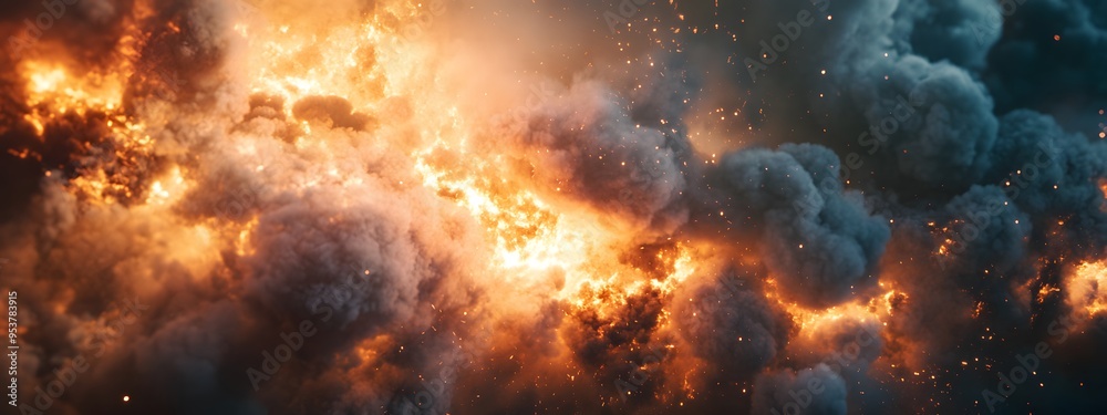 Cinematic shot of a raging fire, with smoke and sparks flying ...