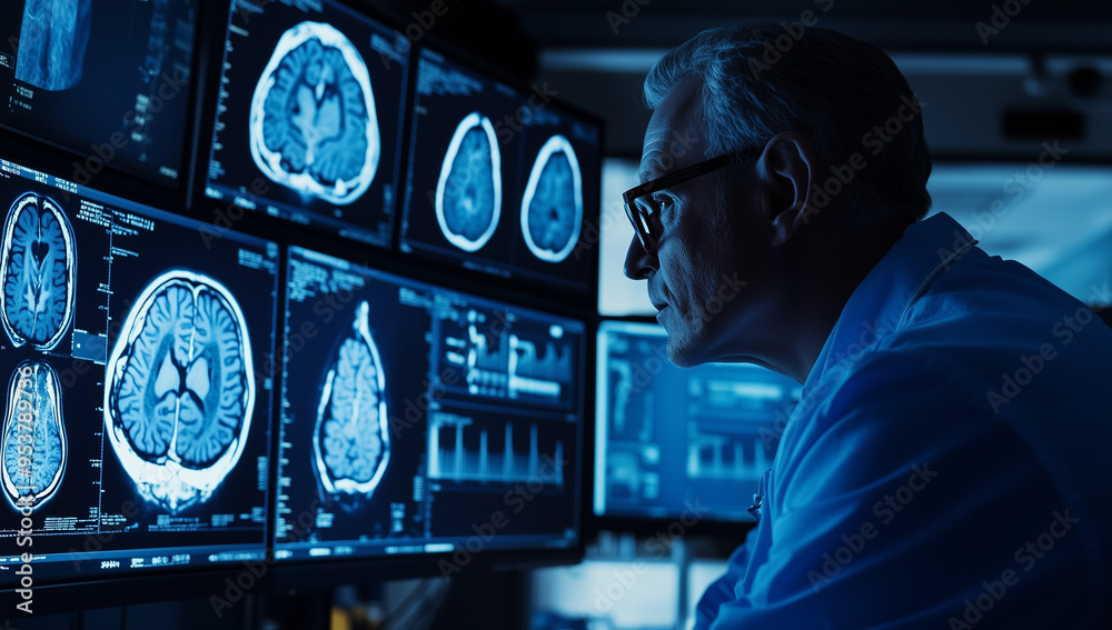 A doctor in blue scrubs is looking at multiple monitor screens ...