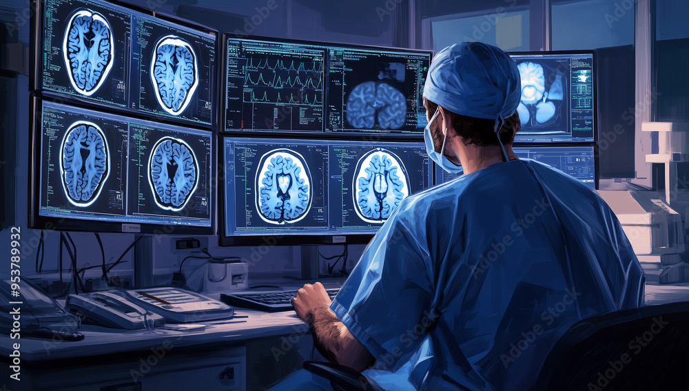 A doctor in blue scrubs is looking at multiple monitor screens ...