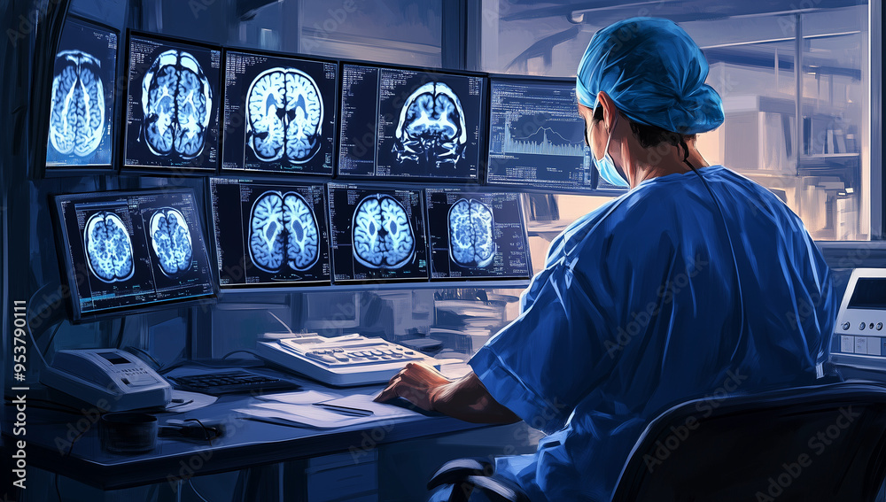 A doctor in blue scrubs is looking at multiple monitor screens ...