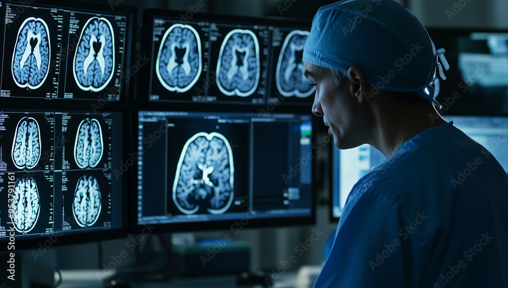 A doctor in blue scrubs is looking at multiple monitor screens ...