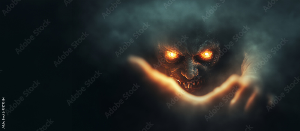 A chilling portrayal of a monstrous figure with piercing, glowing eyes ...