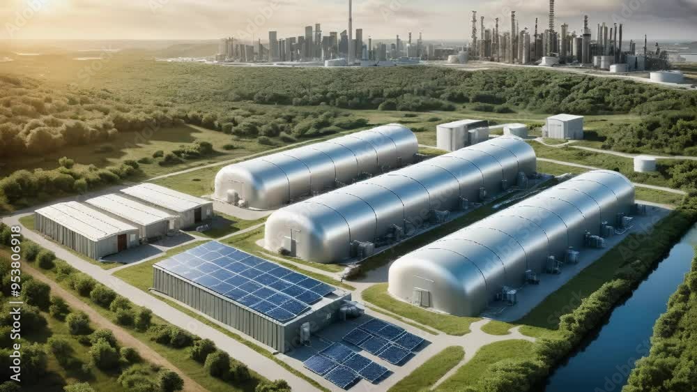 Hydrogen Fuel Cell Power Plant with Solar Panels and Wind Turbines in ...