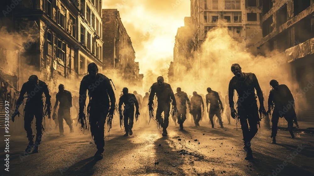A horde of zombies walking aimlessly through an abandoned street ...