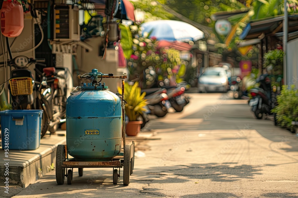 blue LPG gas cylinder tank on small cart Stock Photo | Adobe Stock