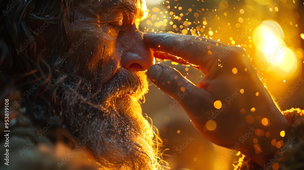 Jesus gently places His fingers on the closed eyes of a blind man, with ...