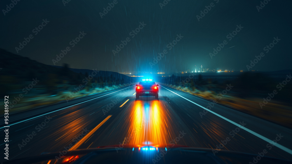 Racing Through the Night, A speeding car streaks down a dark highway at ...