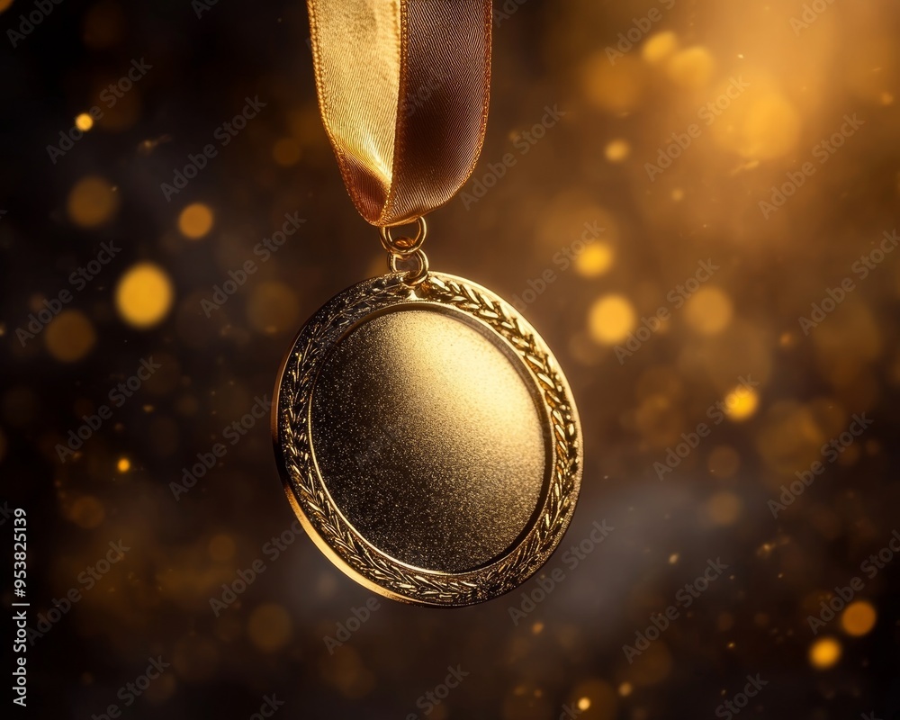 Shiny gold medal suspended with a ribbon, illuminated by a warm golden ...