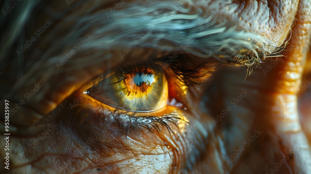 The first sight of a blind man as he opens his eyes, his face filled ...