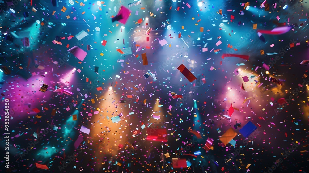 concert finale with confetti falling over the stage, creating a ...