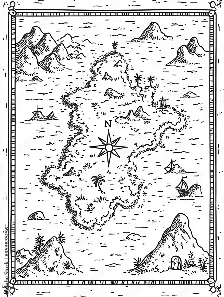 Hand-drawn vintage map of an island with compass and ships. Stock ...