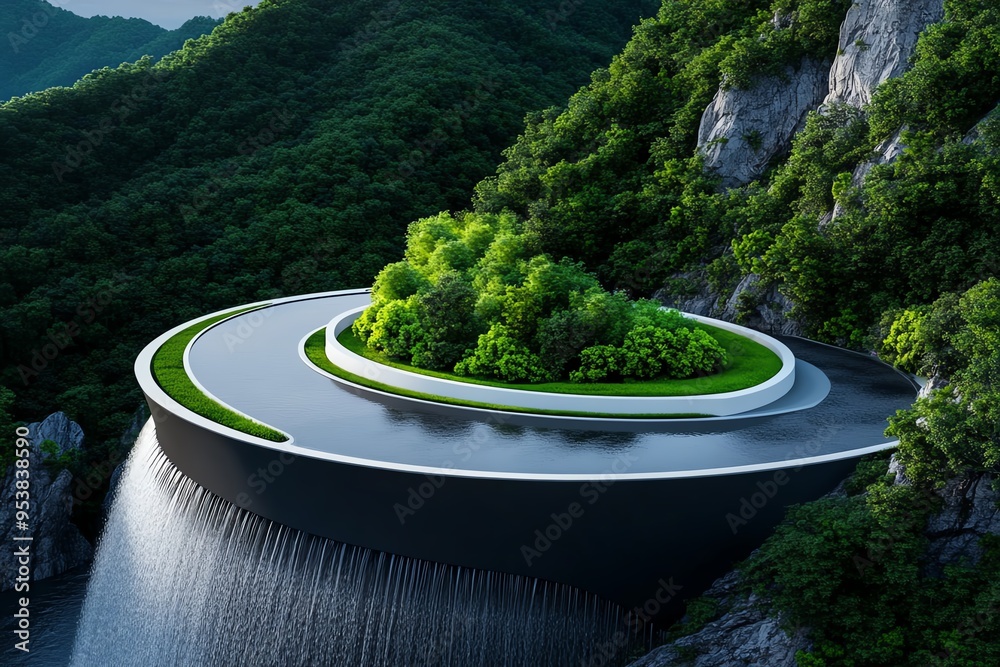 Hydropower innovation and green energy are illustrated in a futuristic ...