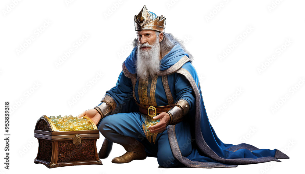 El rey mago Melchor arrodillado entregando un cofre enjoyado de regalos ...