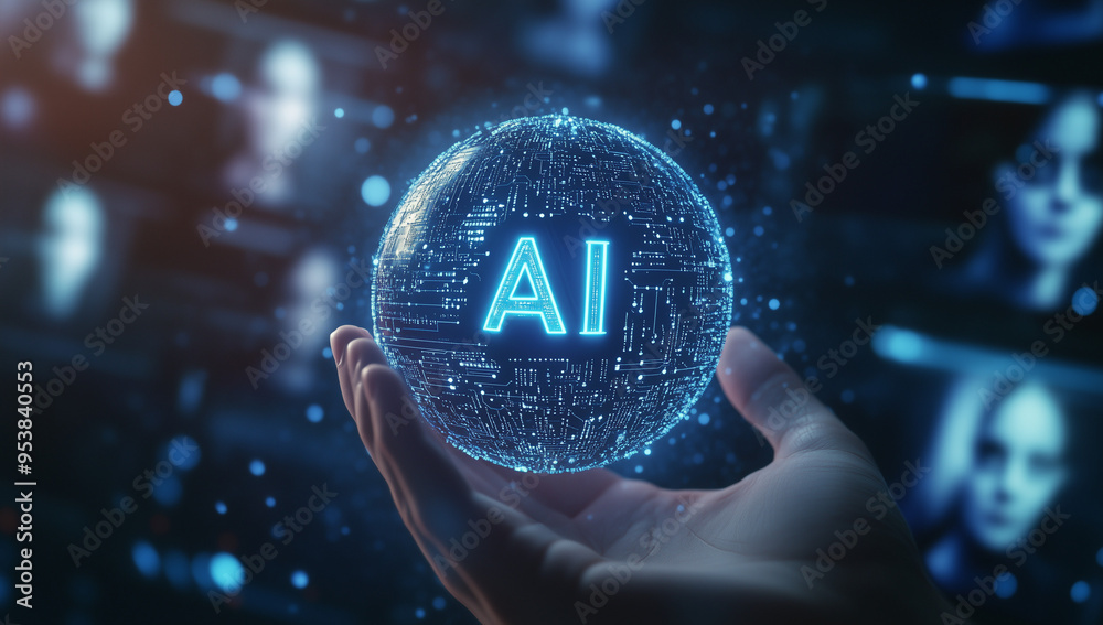 A hand holding a sphere marked with 'AI,' surrounded by digital data ...